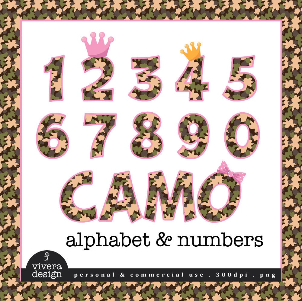 Camo Alphabet and Numbers Clip Art: Pink Outline, Crowns (PNG Digital ...