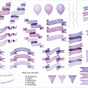 Pretty Purple Watercolor Ribbon Banners Clip Art Shades of Purple and ...