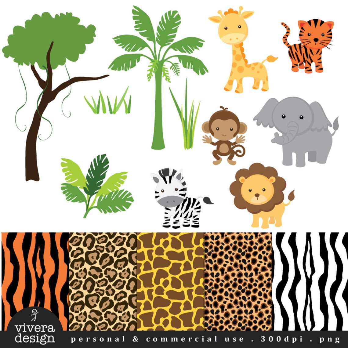 Jungle Safari Animal Clip Art Monkey Tiger Giraffe Zebra - Etsy
