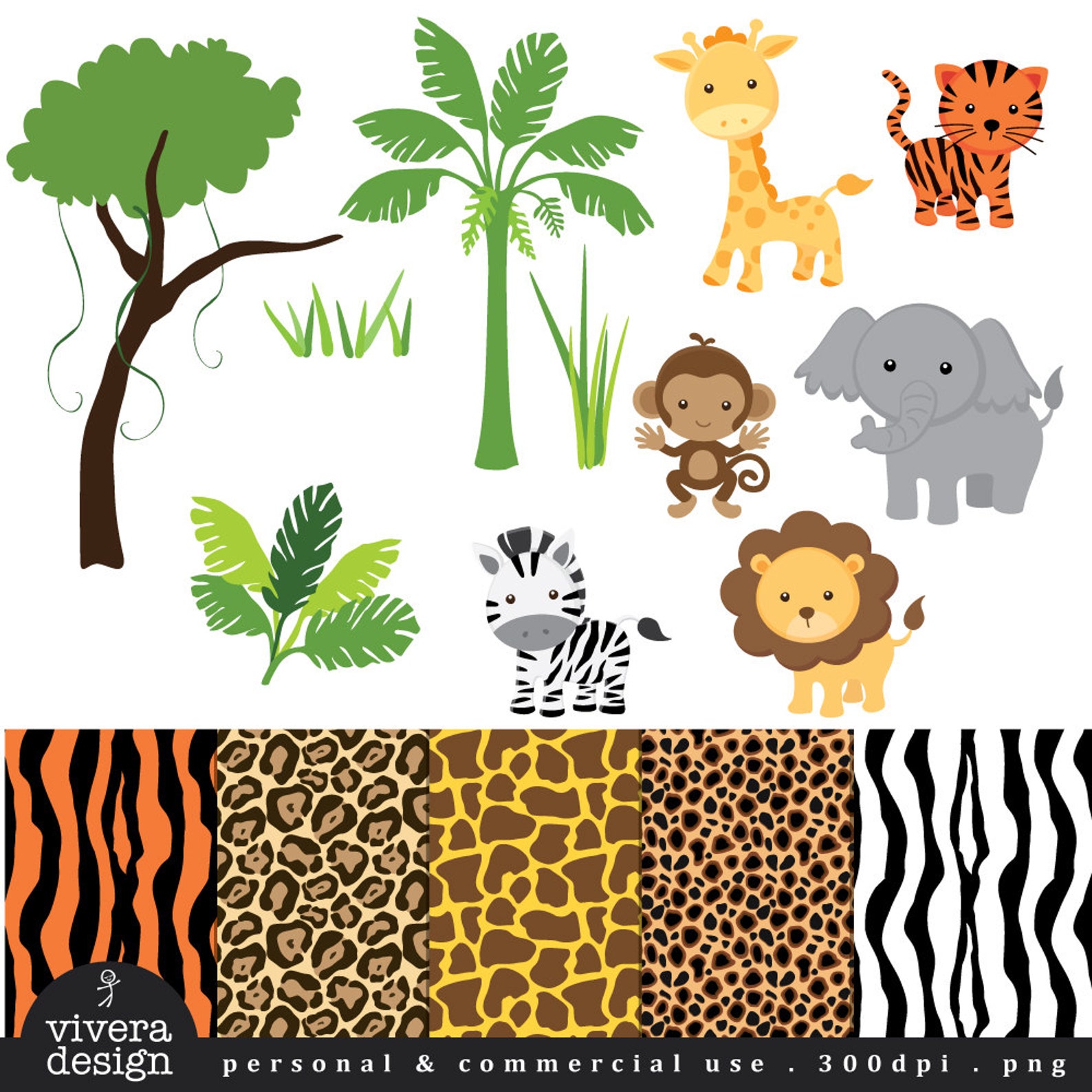 Jungle Safari Animal Clip Art Monkey Tiger Giraffe Zebra - Etsy