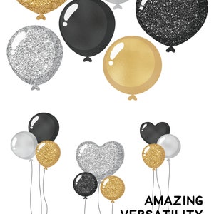 Party Balloon Clip Art. Metallic Gold, Silver, and Black. Digital ...