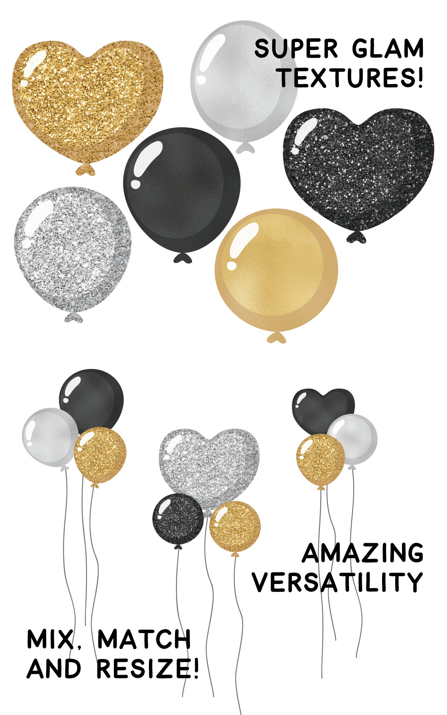 Party Balloon Clip Art. Metallic Gold Silver and Black. | Etsy