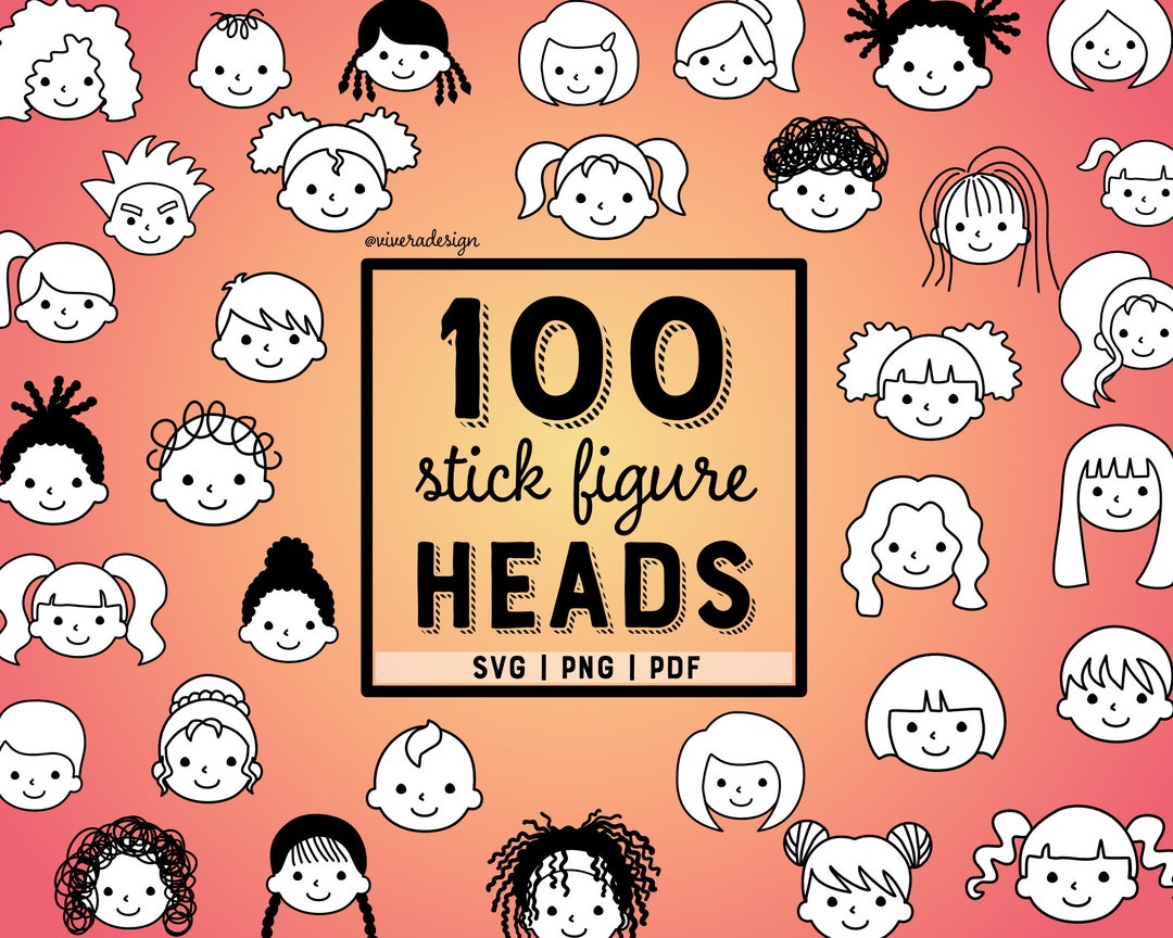 Kids Head Stick Figures - SVG | PNG | PDF - Black Lines White Fill ...