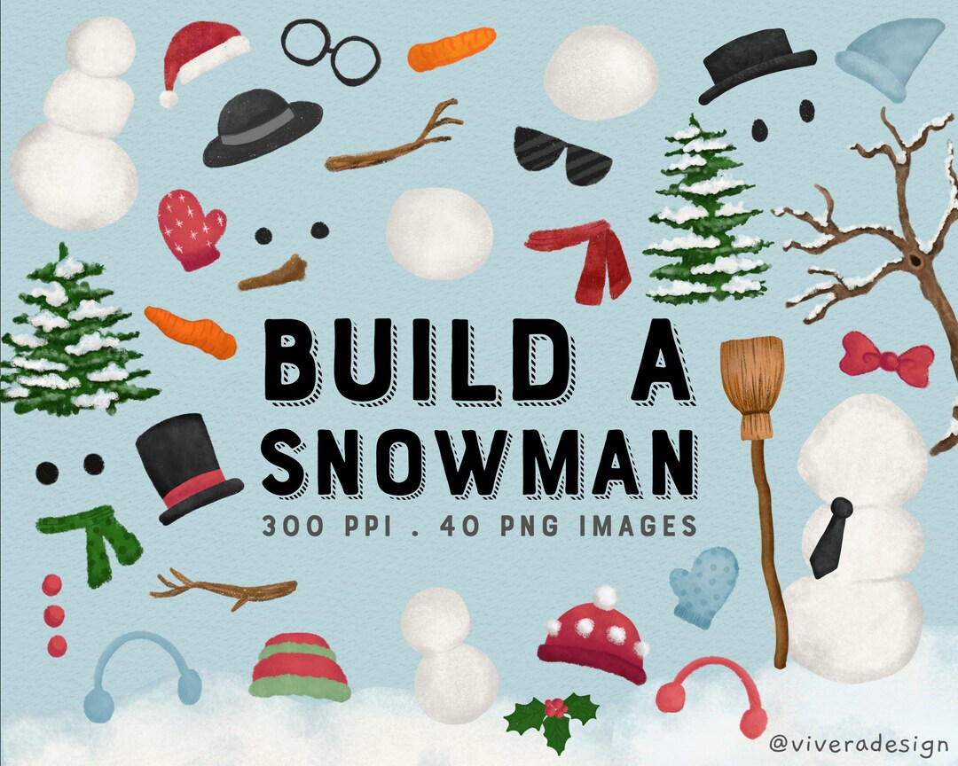 Handpainted Build A Snowman Clipart - Winter Scene Clipart - Snow ...