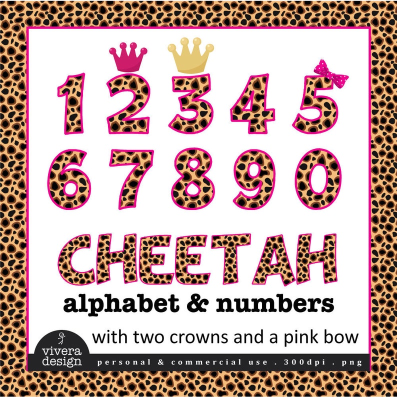 Cheetah Print Letters & Numbers Clip Art: Pink Outline, Crowns (digital ...