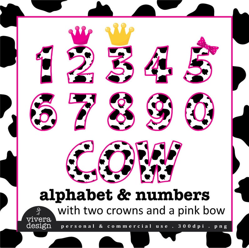 Cow Print Alphabet Clipart: Pink Outline, Crowns, Bow (digital Download ...