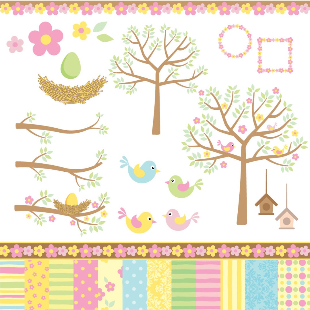 Spring is Here - Birds, Trees, Birdhouse, Nest and Papers - Digital ...