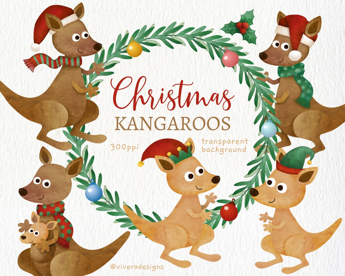 Christmas Kangaroo Watercolor Clip Art: Aussie Holiday PNG Images ...