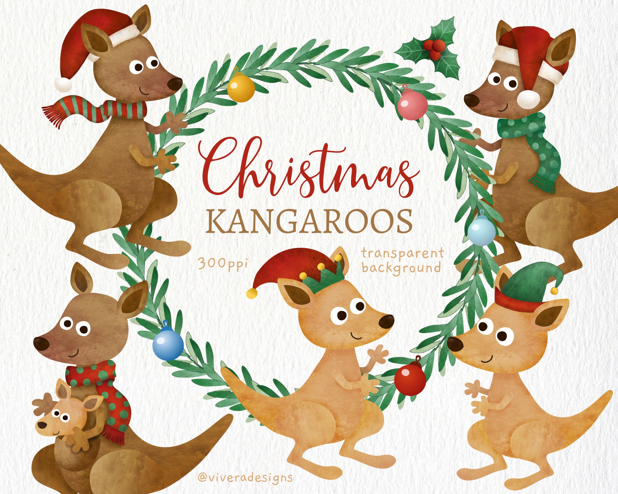 Christmas Kangaroo Watercolor Clip Art: Aussie Holiday PNG Images ...