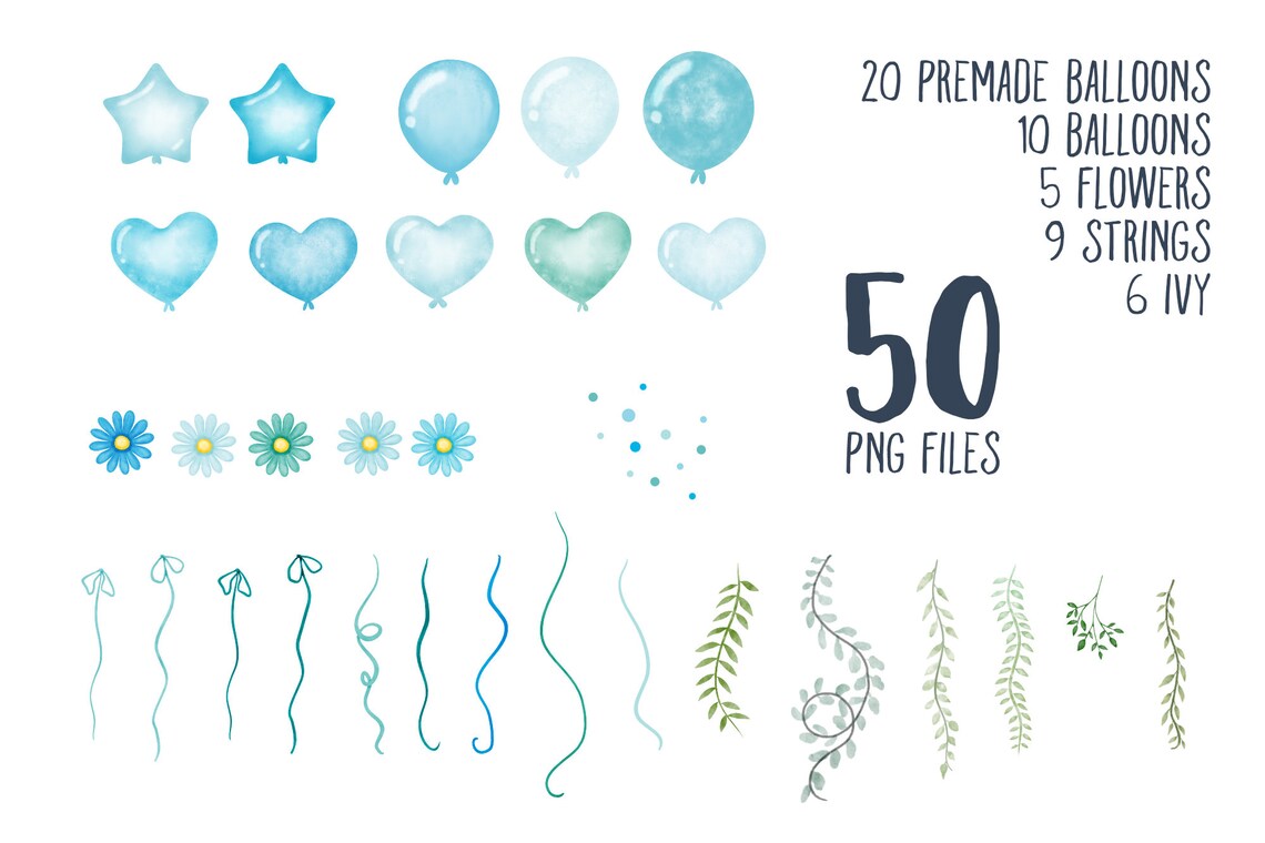 Blue Green Watercolor Balloon Clip Art Decoration Ideas for - Etsy