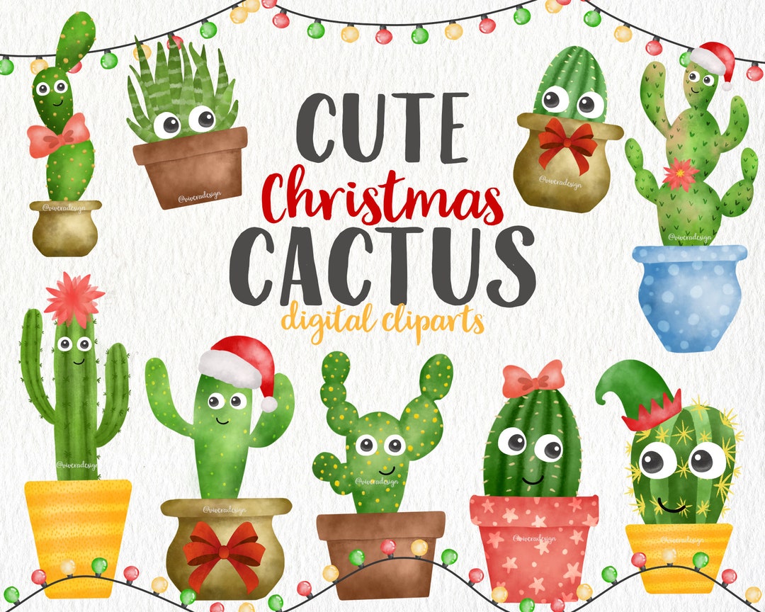 Christmas Cactus Digital Watercolor Clip Art - Cute Cactus, Botanical ...
