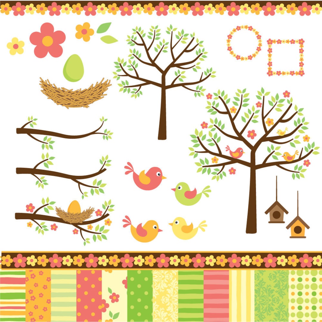 Digital Clip Art Pack - Birds, Trees, Birdhouse, Nest and Papers - It's ...