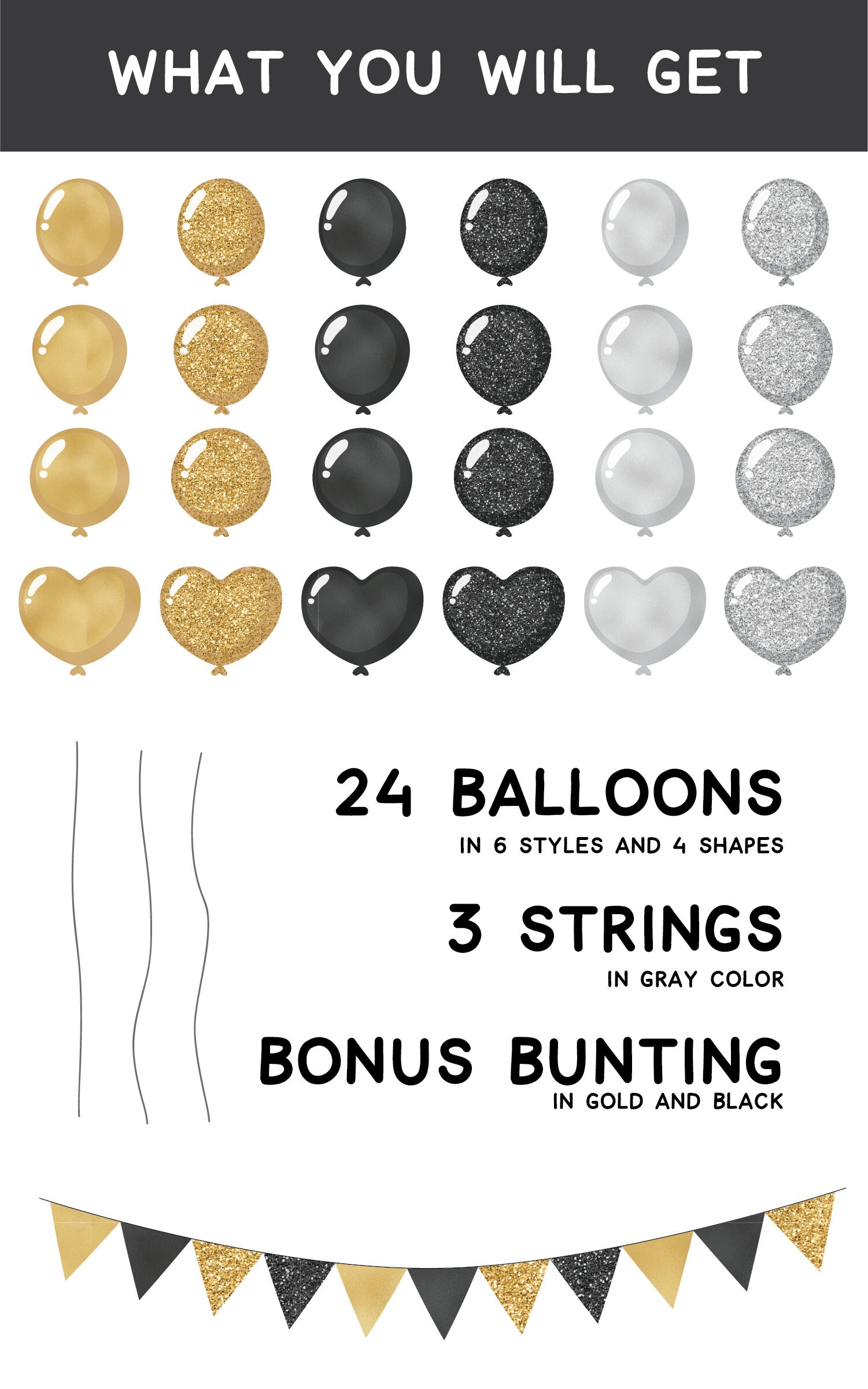 Party Balloon Clip Art. Metallic Gold Silver and Black. | Etsy