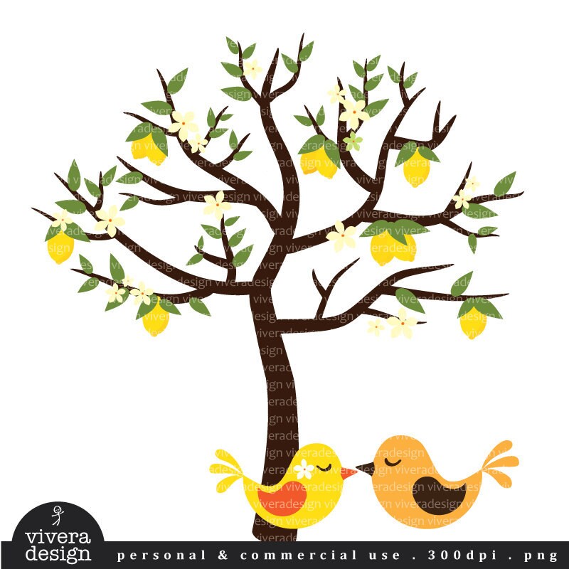 Lemon Tree with Love Birds Digital Clip Art | Etsy