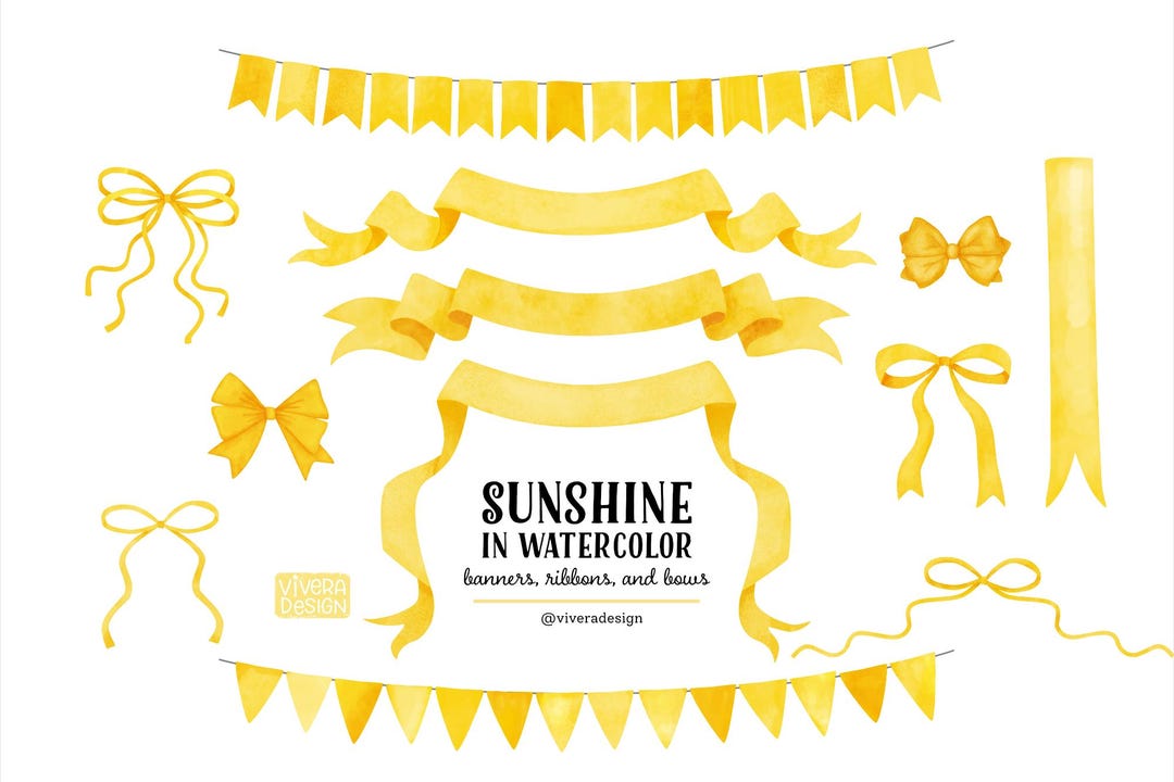 Sunshine Watercolor Bows Ribbons Banners Clip Art - Bright Yellow - Etsy