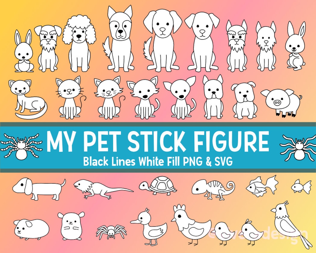 Family Pet Stick Figures SVG | PNG | EPS - Black Lines White Fill ...