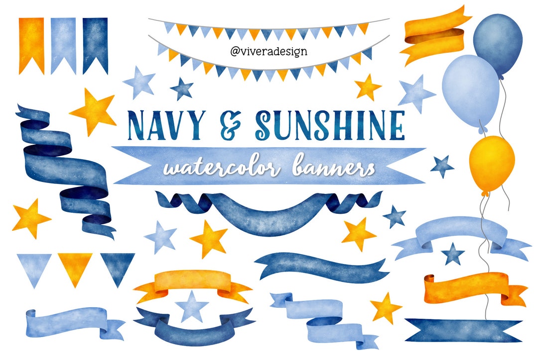 Navy and Sunshine Watercolor Ribbon Banners Clip Art - Sunny Yellow and ...