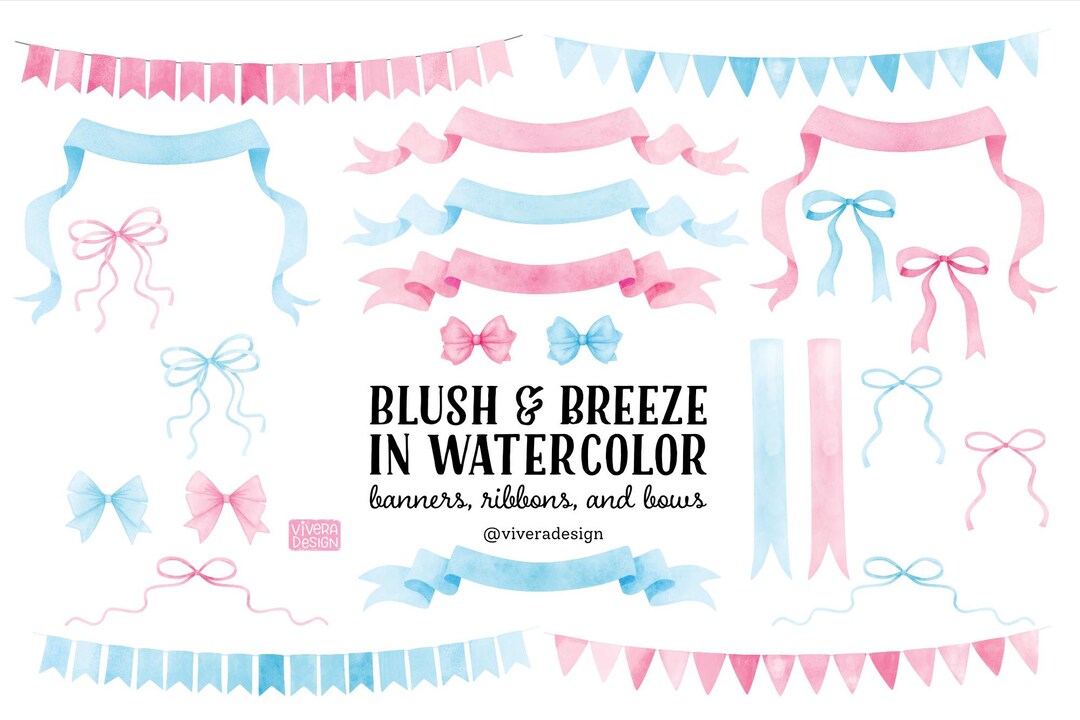 Baby Blue and Baby Pink Watercolor Bows Ribbons Banners Clip Art ...