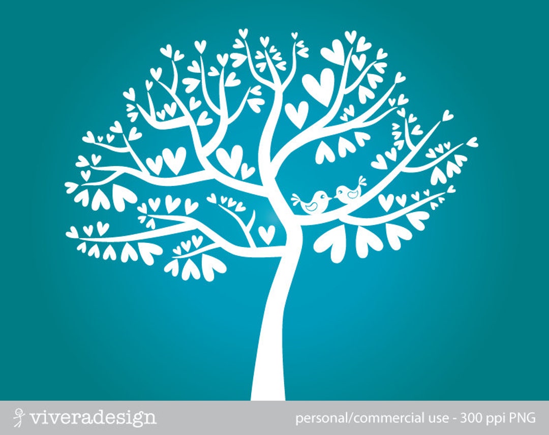Love Birds on the Heart Tree Silhouette in White - Digital Clip Art ...