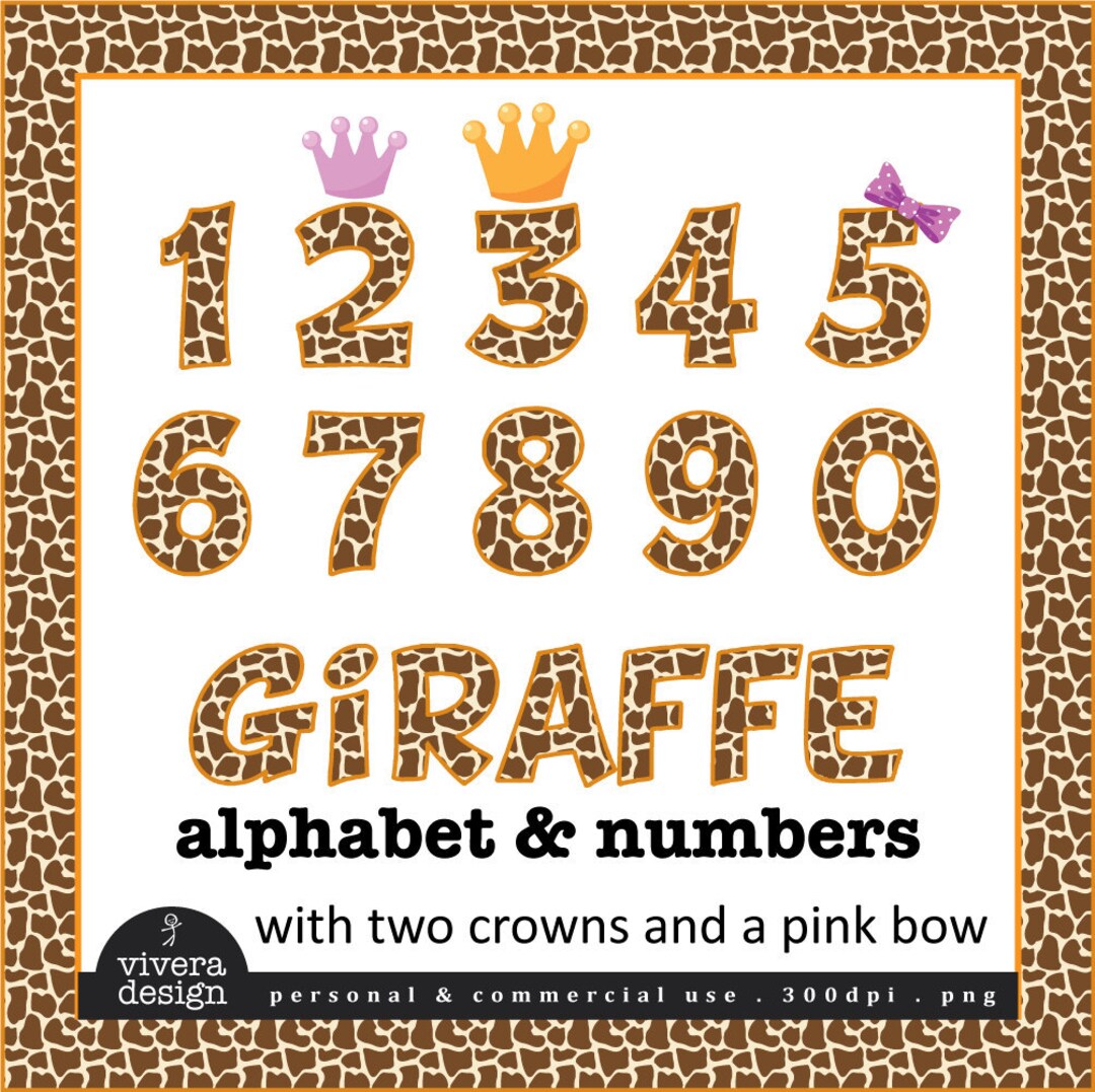 Giraffe Pattern Letters and Numbers With Crowns (PNG Digital Download ...
