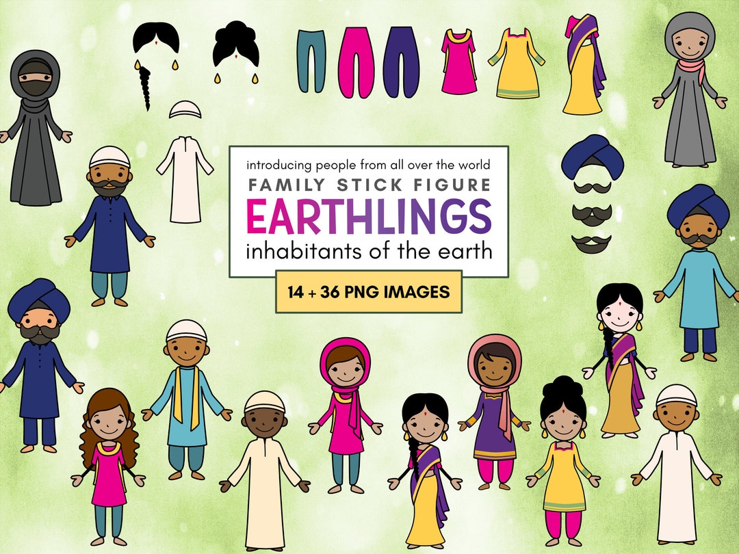 Multicultural Stick Figure Clipart: Muslim & Indian Earthlings (PNG) - Etsy