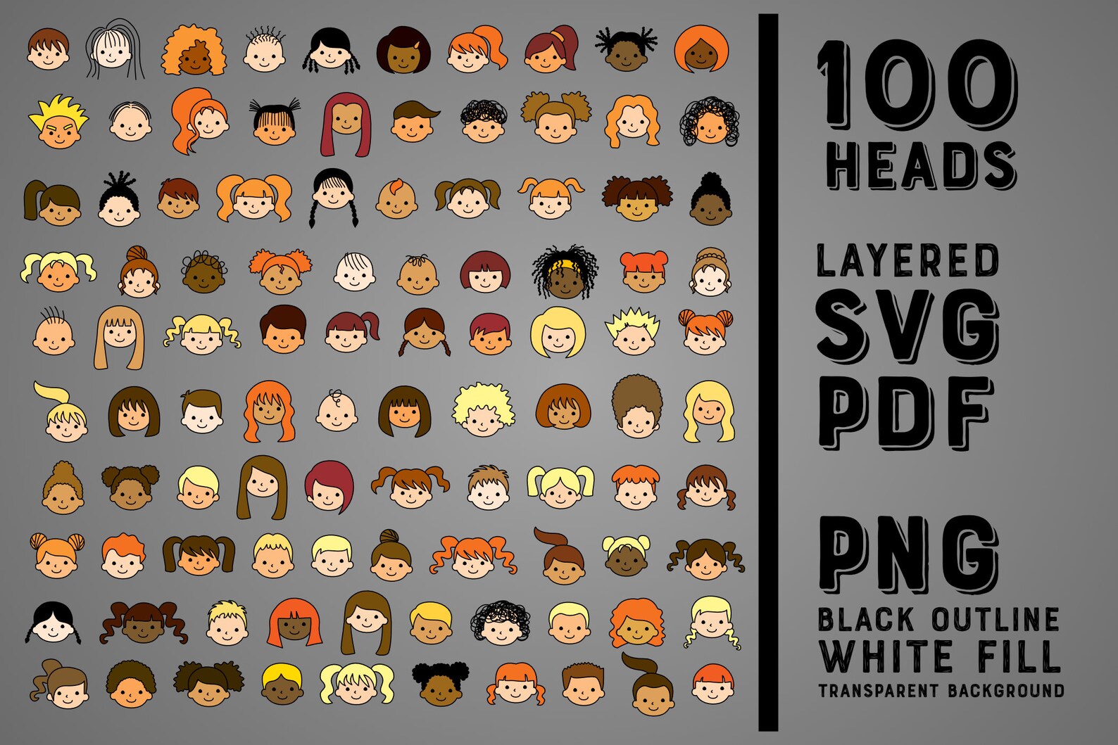 Kids Head Stick Figures SVG PNG PDF With Colors | Etsy