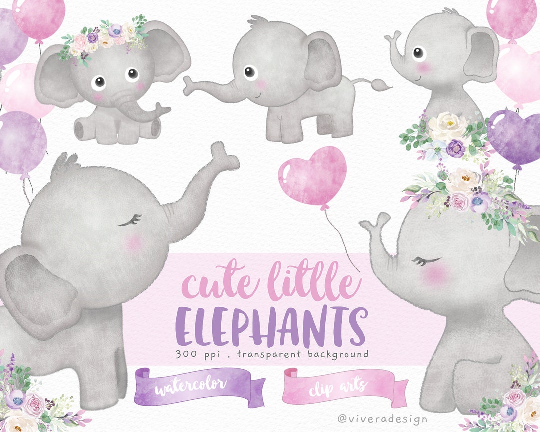 Cute Little Elephants, Balloons, and Flowers | Watercolor Digital Clip ...