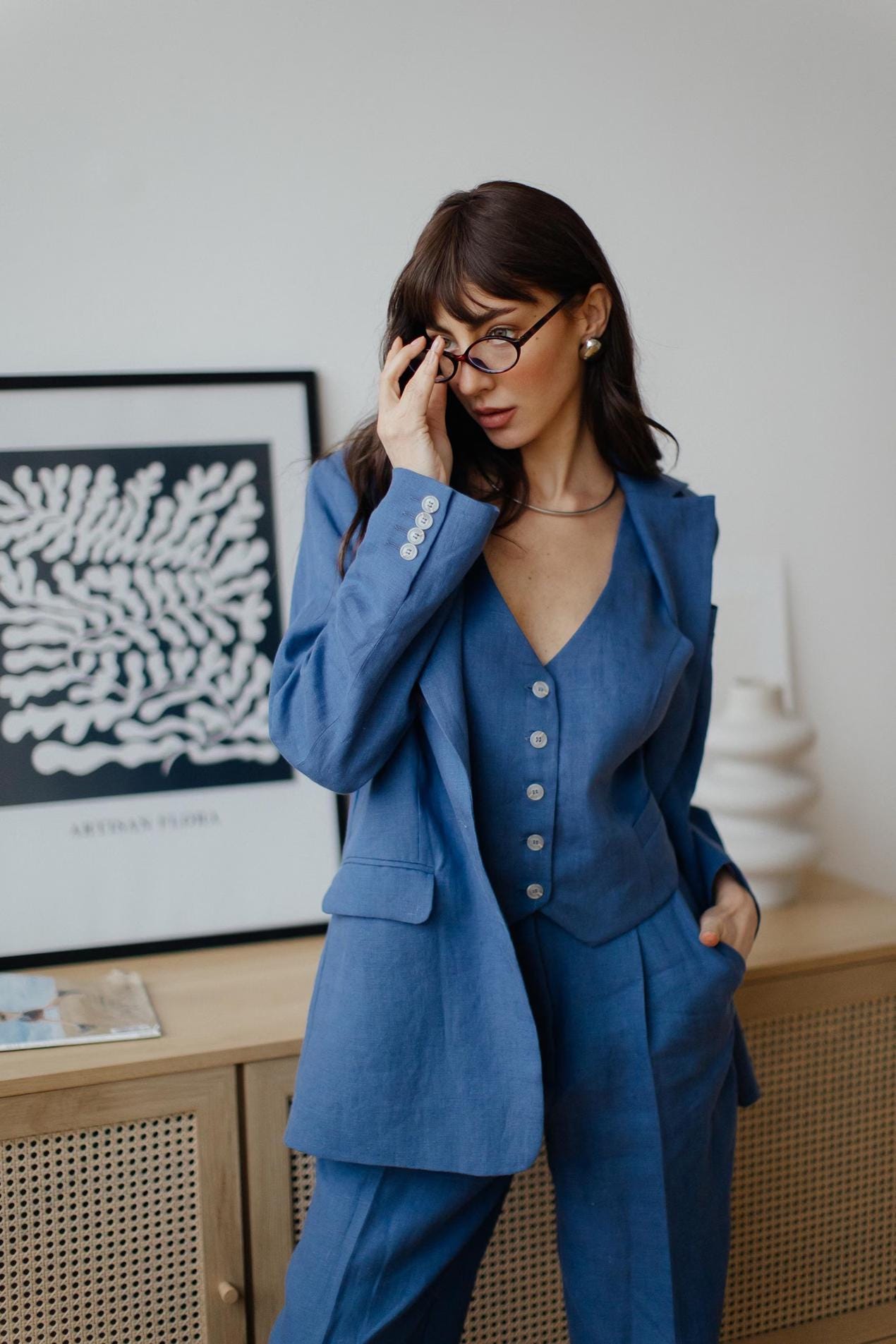 Customized Dusty Blue Linen 3-piece Matching Suit Straight Jacket, Vest ...