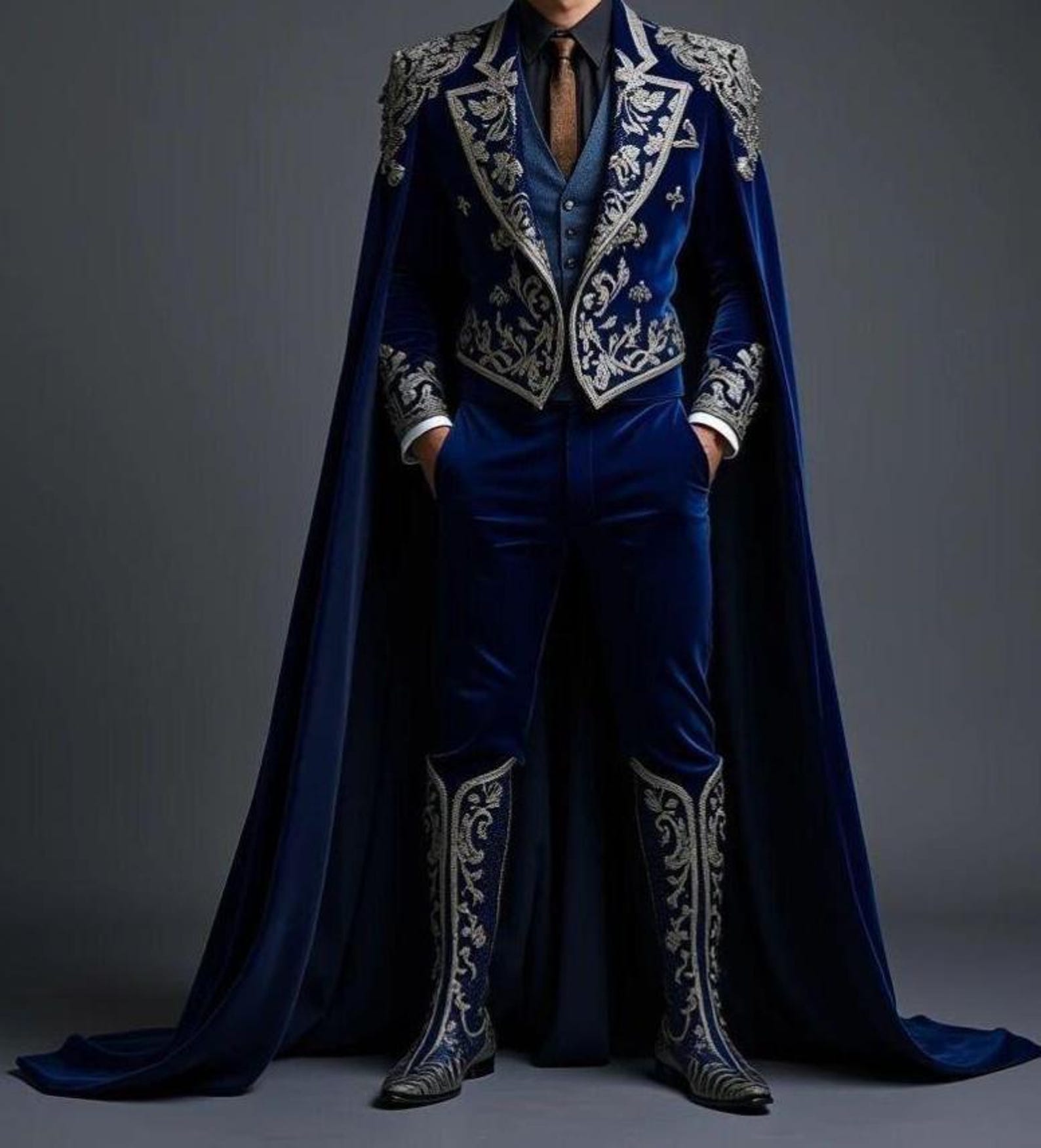 Custom Royal Blue Velvet Embroidered Men Cape Suit Royal Prince Costume ...