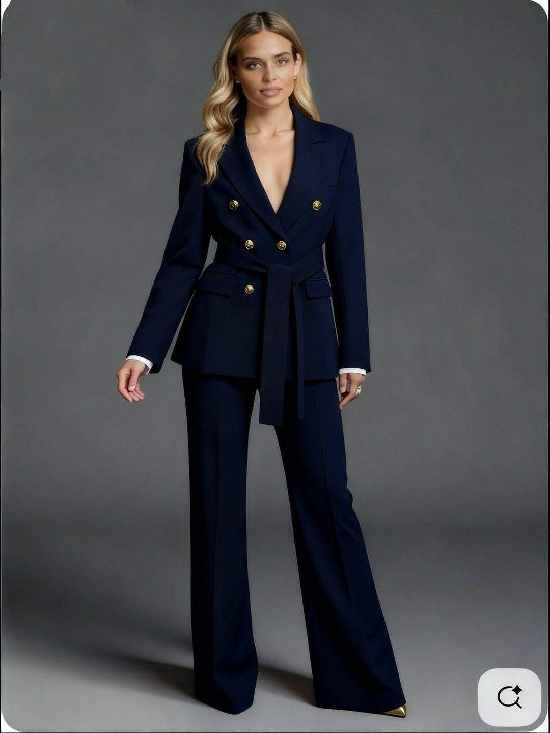 Custom Elegant Navy Blue Women’s Suit Set Double Breasted Blazer Wide ...
