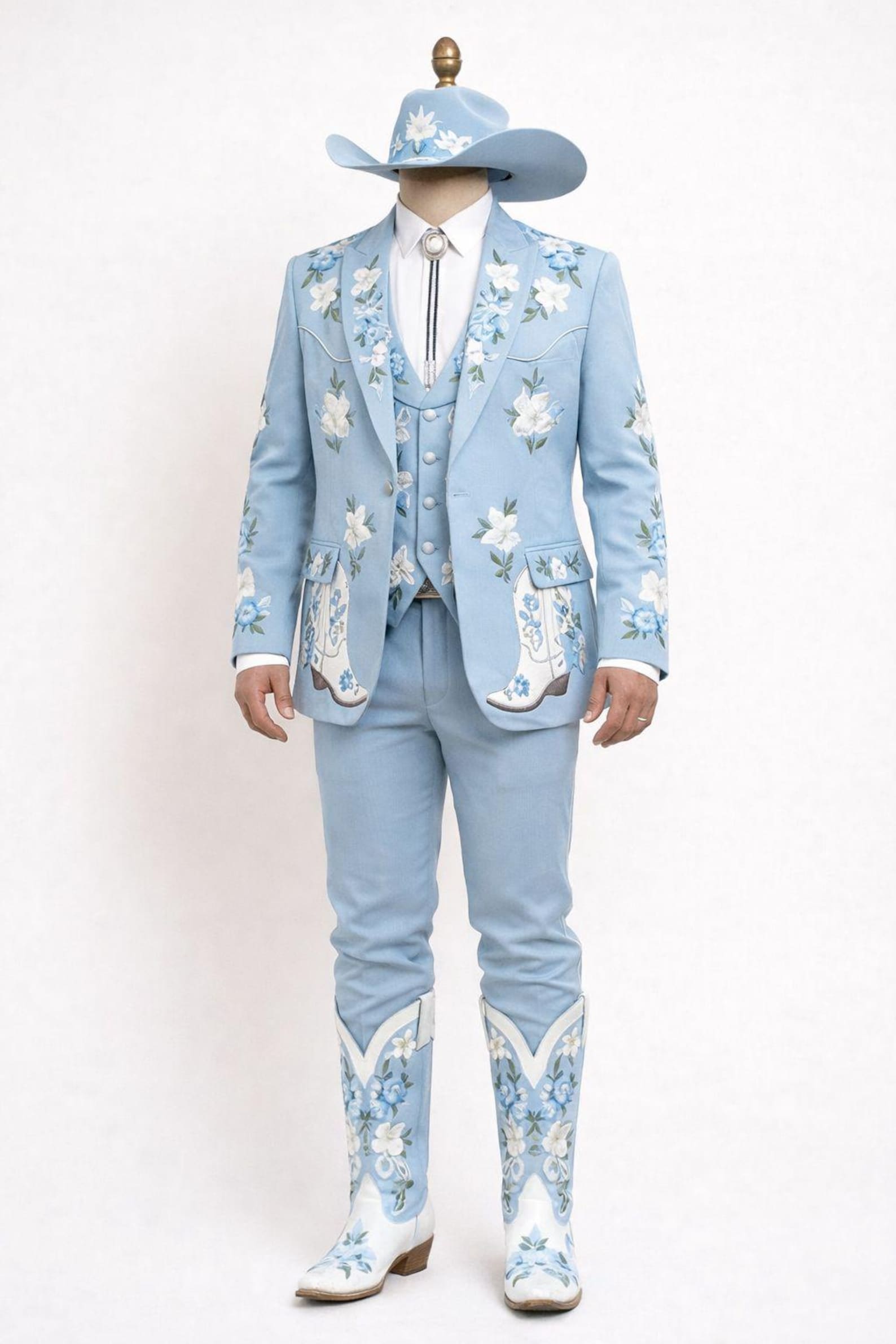 Customized Light Blue Floral Western Suit for Men | Embroidered Cowboy ...