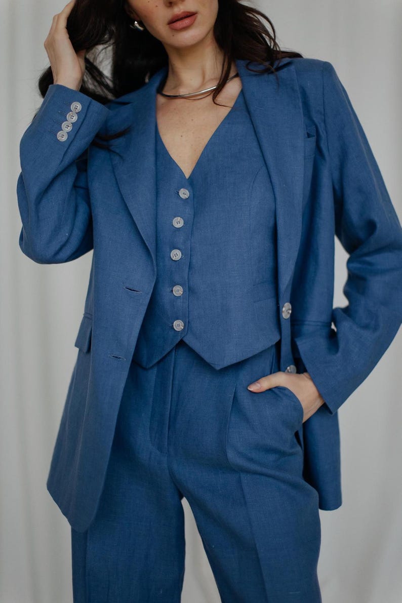 Customized Dusty Blue Linen 3-piece Matching Suit Straight Jacket, Vest ...