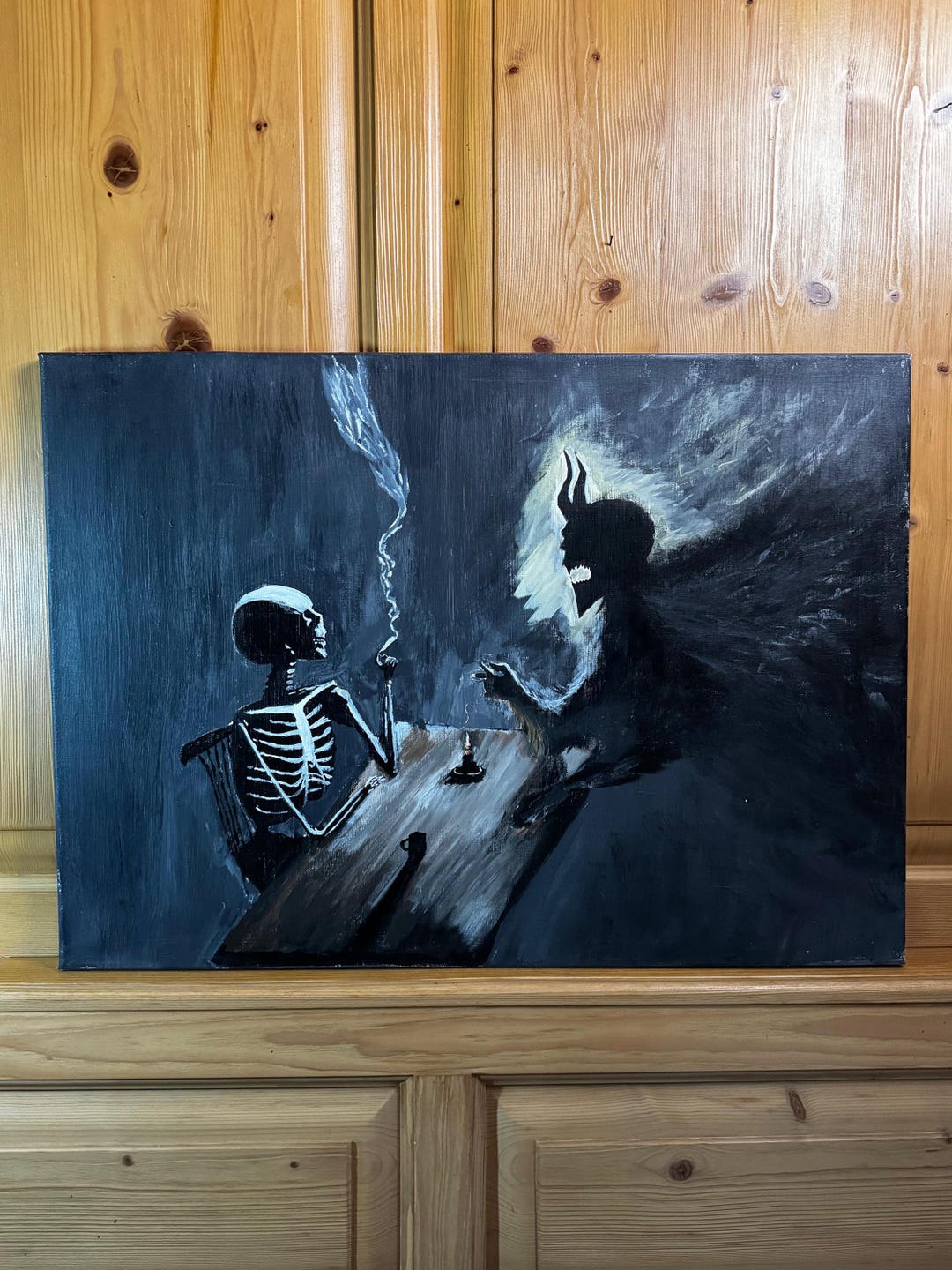 Skeleton & Demon Acrylic Painting, Surreal Gothic Wall Art/skelett ...
