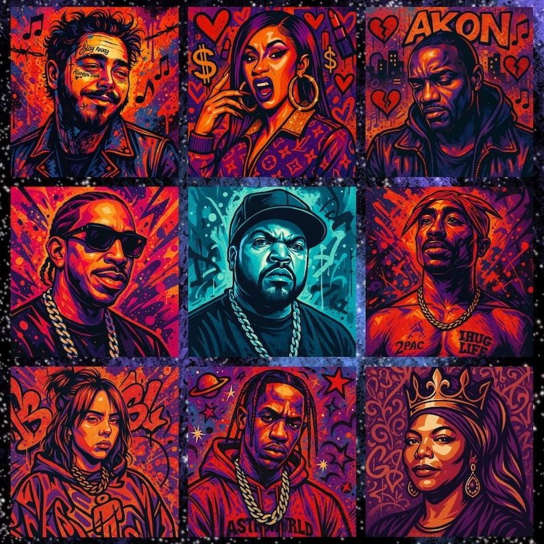 Hip Hop PNG Design Bundle: Bootleg Rap Legends, Streetwear Graphics ...