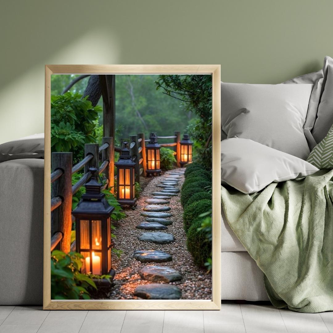 Enchanting Garden Path Print - Lanterns & Stone Pathway - Wall Art ...