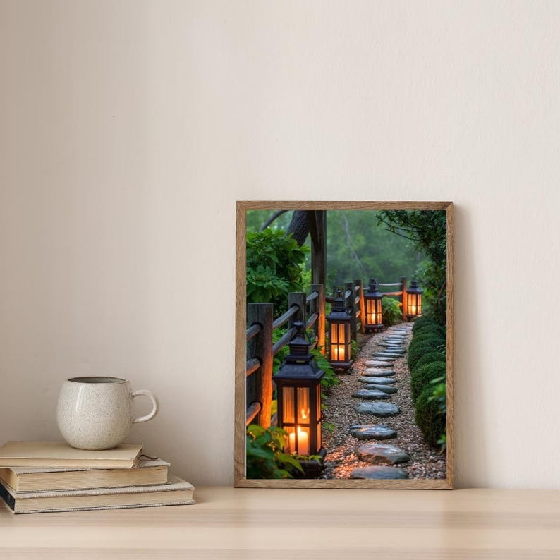 Enchanting Garden Path Print - Lanterns & Stone Pathway - Wall Art ...