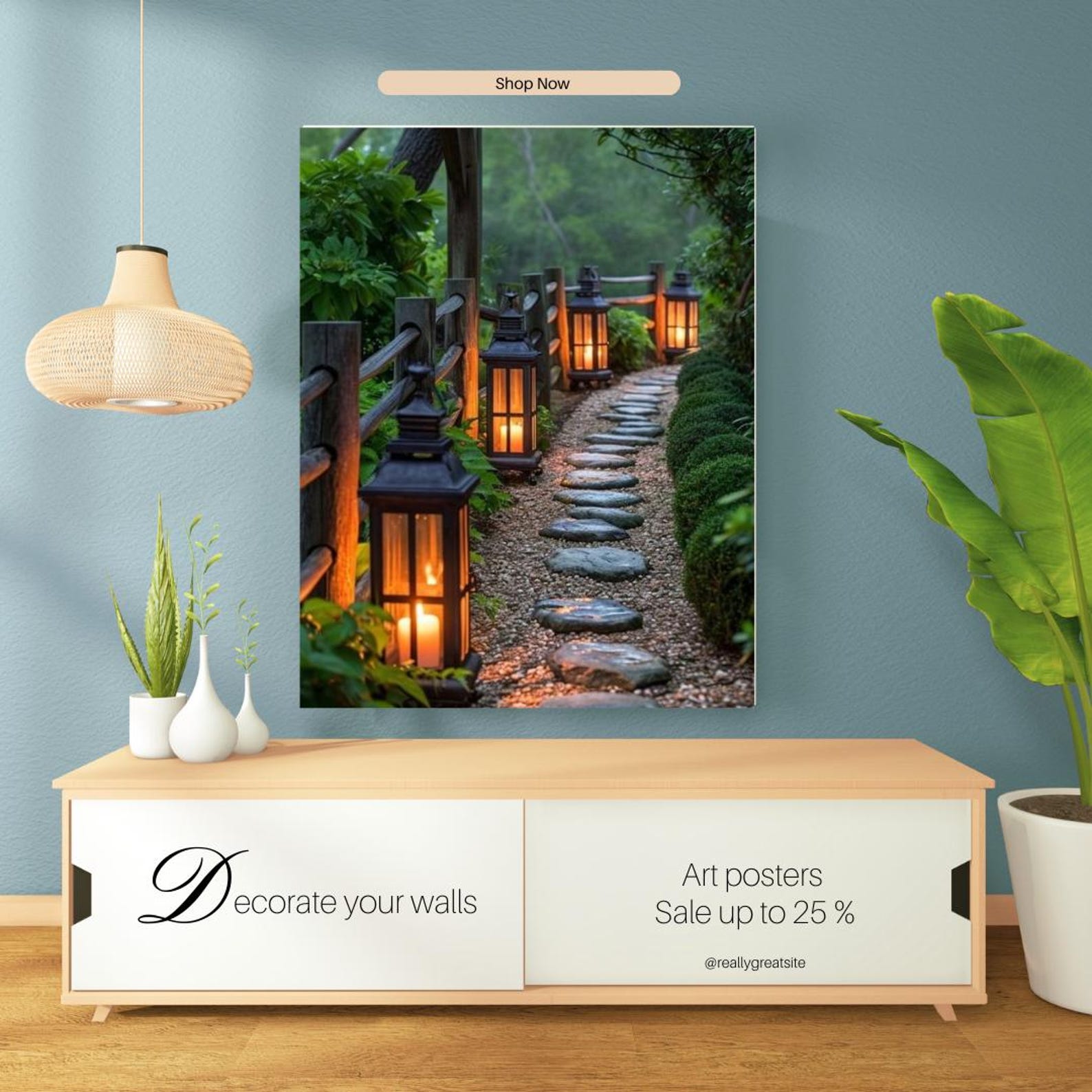 Enchanting Garden Path Print - Lanterns & Stone Pathway - Wall Art ...