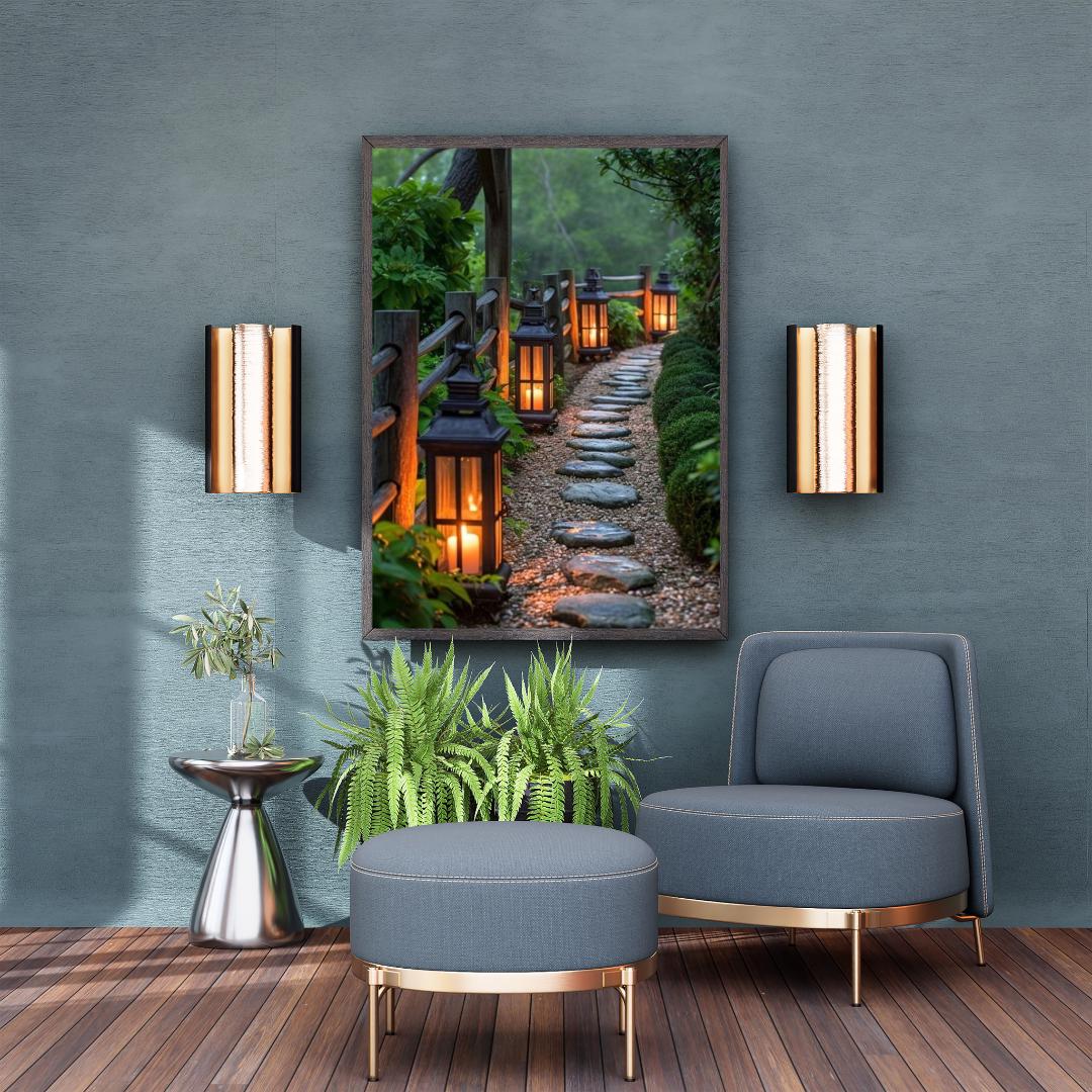 Enchanting Garden Path Print - Lanterns & Stone Pathway - Wall Art ...