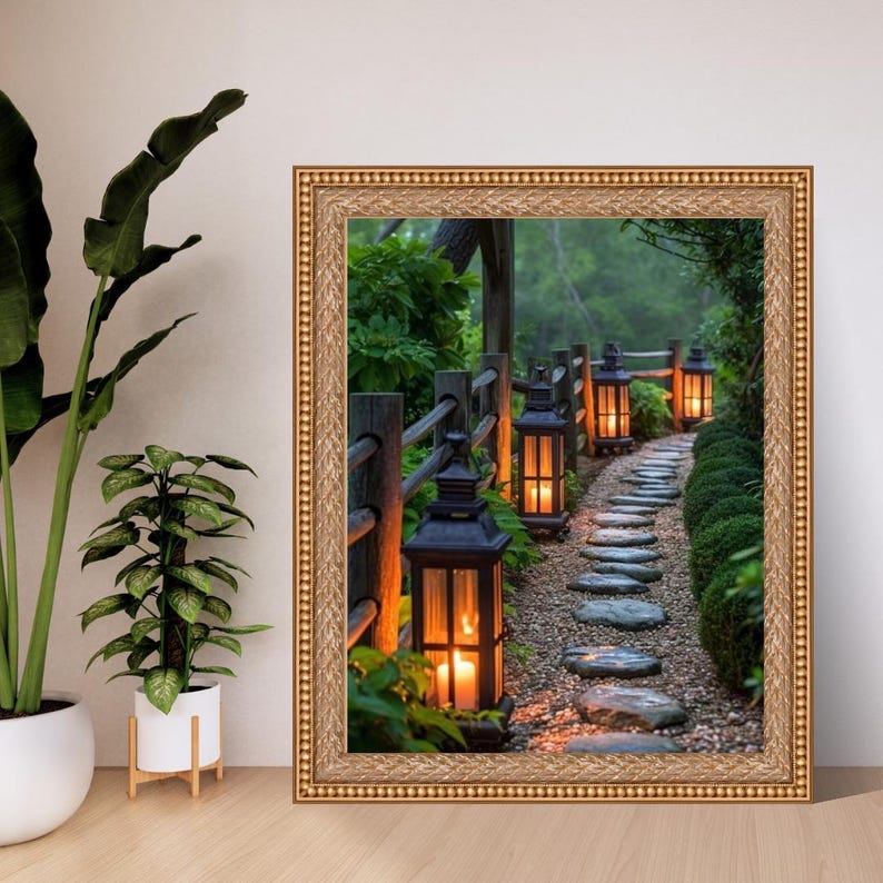Enchanting Garden Path Print - Lanterns & Stone Pathway - Wall Art ...