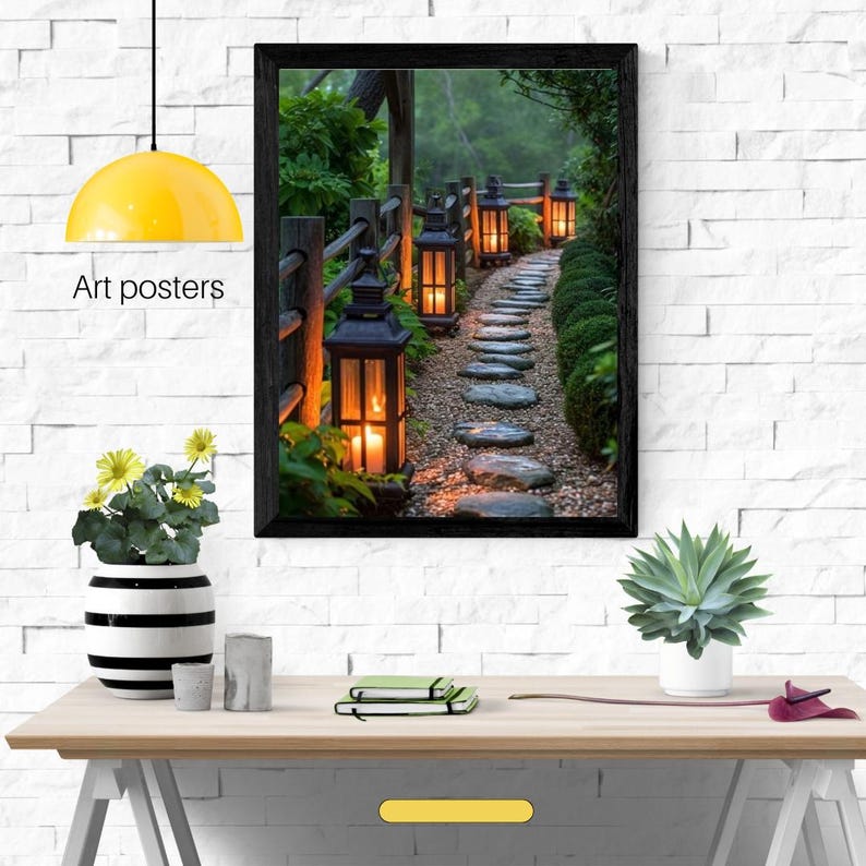 Enchanting Garden Path Print - Lanterns & Stone Pathway - Wall Art ...