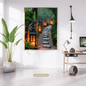 Enchanting Garden Path Print - Lanterns & Stone Pathway - Wall Art ...