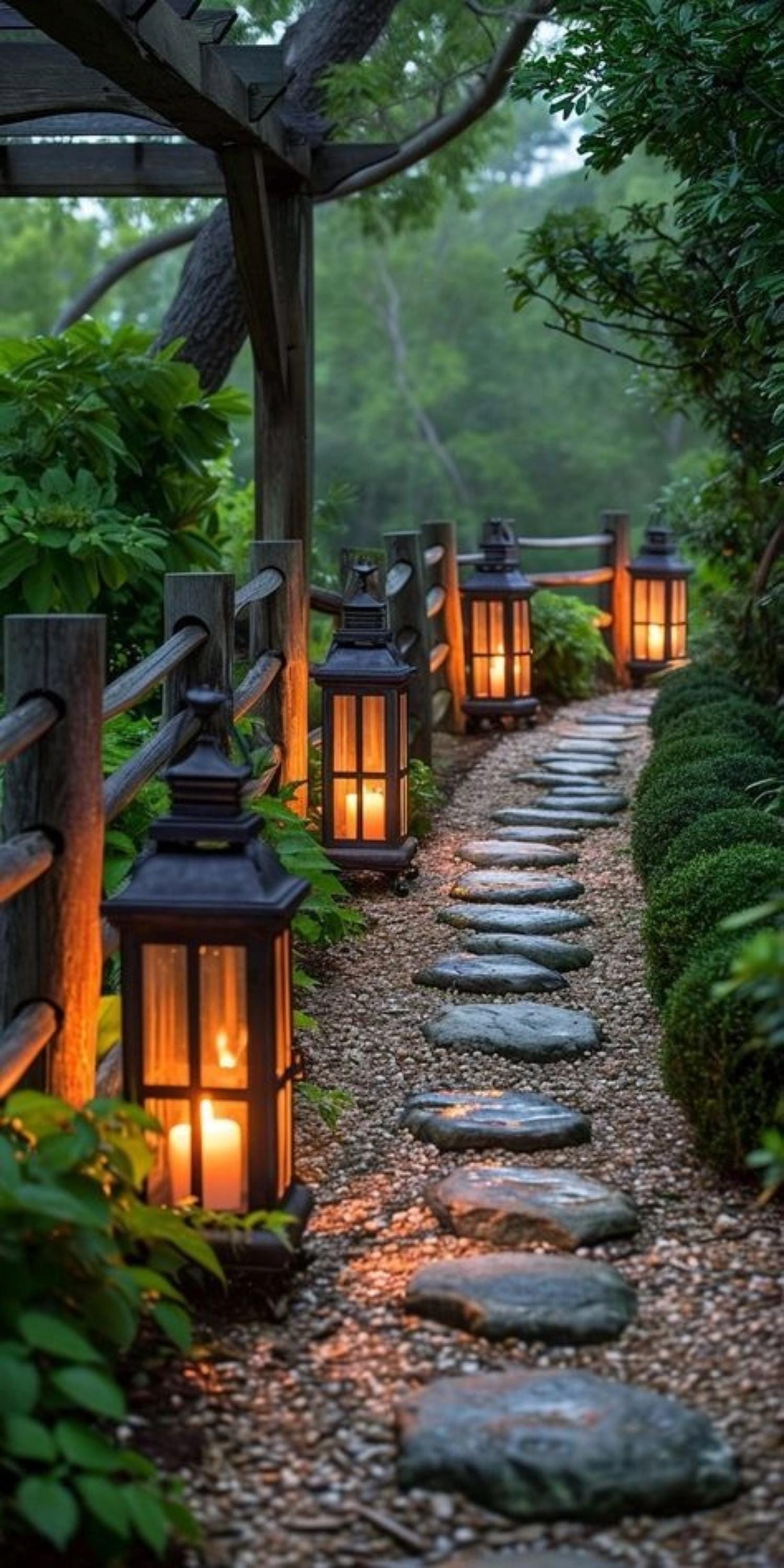 Enchanting Garden Path Print - Lanterns & Stone Pathway - Wall Art ...