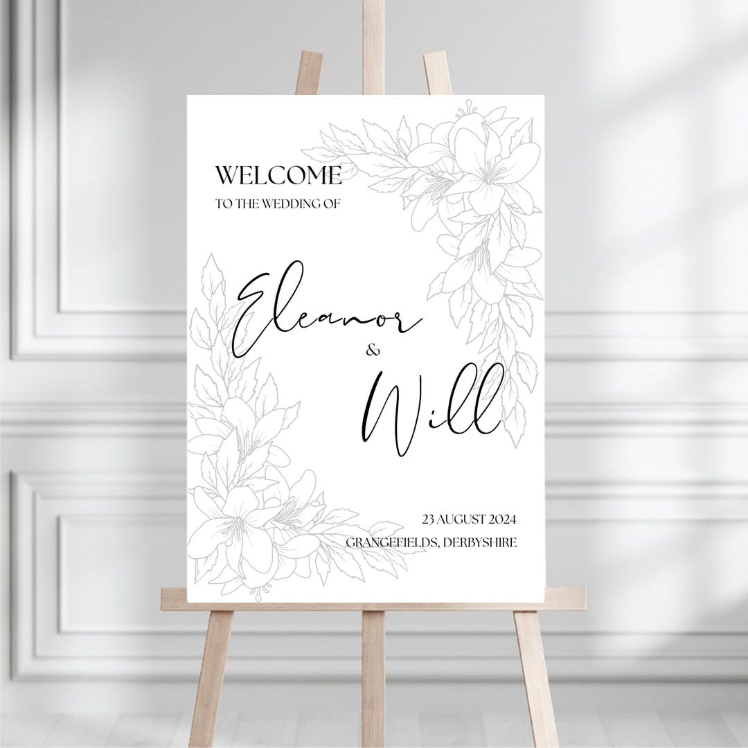 Editable Wedding Minimalist Floral Monochrome Welcome Sign | A1, A2, A3 ...