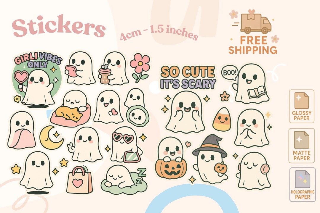 Kawaii Ghost Sticker Pack – Cute Pastel Ghosts, Girlie Vibes, Spooky ...