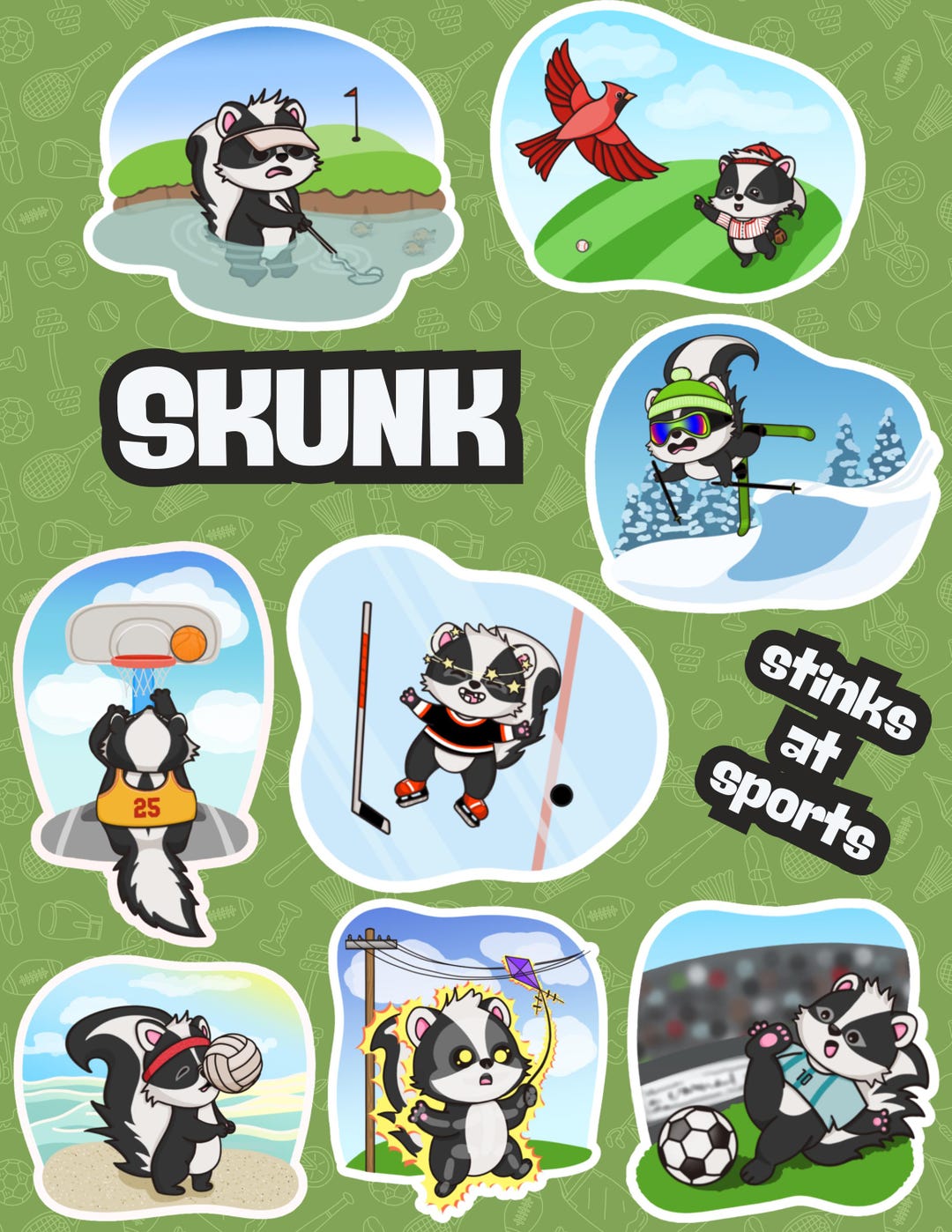 Skunk Stinks at Sports Fail Sticker Pack – 8 Funny Vinyl Stickers ...