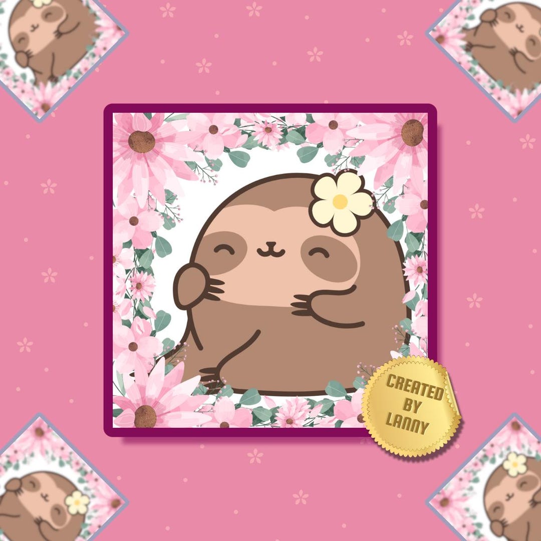Floral Sloth Kawaii Sloth With Floral Border Sticker – A Cute and ...