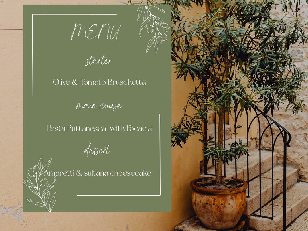 Olive Green Menu Template | Elegant Mediterranean Dinner Party Design ...