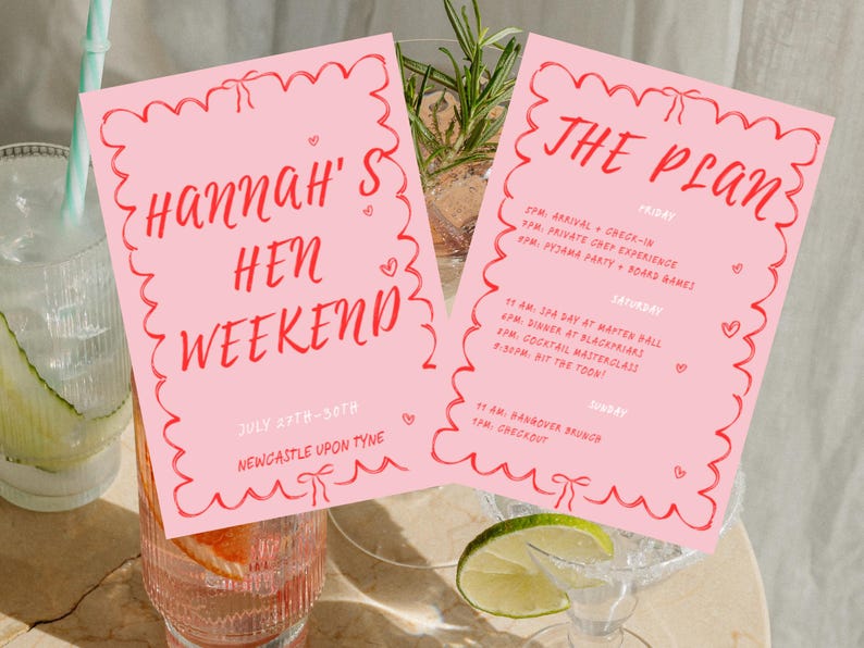 Bow Hen Party Itinerary Template | Feminine Bachelorette Hen Do Weekend ...