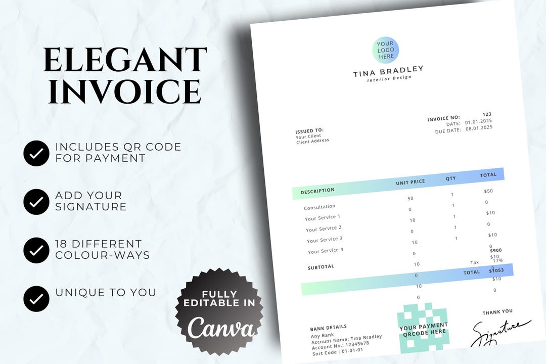 Elegant Business Invoice Template Design. WITH QR CODE! Editable ...