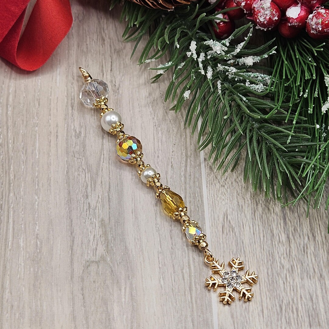 Christmas Tree Ornament | Gold and Pearl Beaded Handmade Icicle Holiday ...